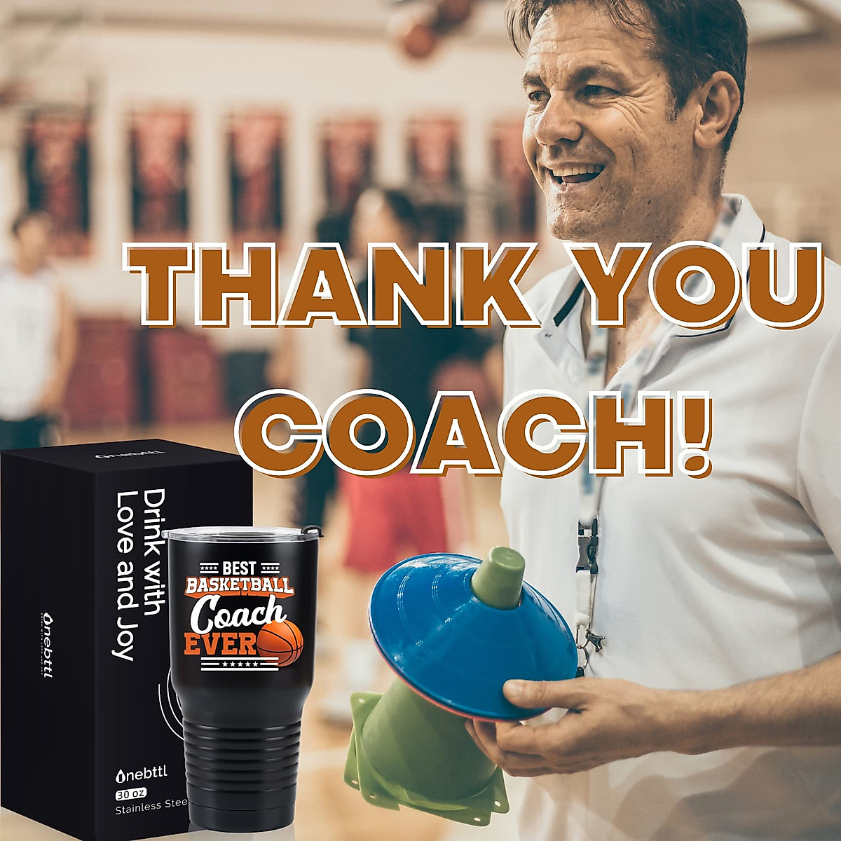 Onebttl Basketball Coach Gifts - Stainless Steel Tumbler 30Oz, Black - for Dad, Son, Man, Coworker, Friends, Teammates on Birthday (Best Coach Ever)