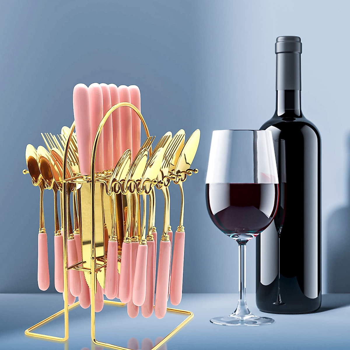 Gold Silverware Set, Caliamary 24 Pieces Flatware Set with Silverware Holder, Stainless Steel Knives and Forks and Spoons Cutlery Set Service for 6, Kitchen Utensil Tableware Set with Pink Handle