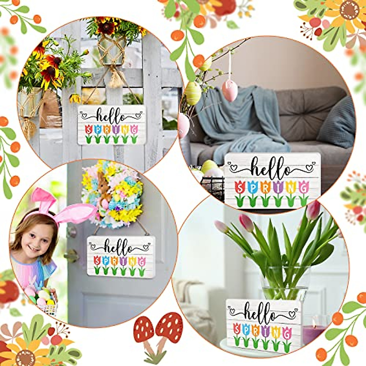 Hello Spring Wood Sign Farmhouse Tulips Spring Decor 9 x 5.3 Inch Spring Table Centerpiece Freestanding Wall Table Decor Wooden Cutout Tulips Spring Decoration for Home Dining Room (Spring)