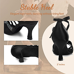 YKXLM Women Rhinestone Ballroom Dance Shoes Latin Performance Dance Shoes Women Suede Sole,L165,2 1/2 inches heel,Black,7.5US