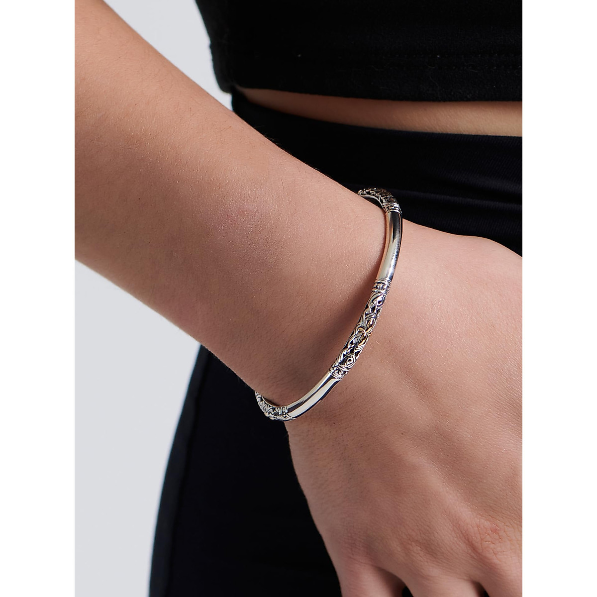 DEVATA Sterling Silver 925 with 18K Gold Accents Bali Accent Slide-on Bangle Bracelet DHK3526ATT (Size Medium)