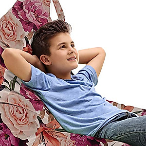 Lunarable Flower Lounger Chair Bag, Floral Pattern with Roses Classic Girly Ornamental Old Fashioned Art, High Capacity Storage with Handle Container, Lounger Size, Eggplant Coral Salmon