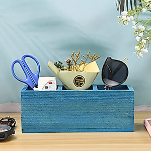 dedoot Wood Remote Holder Desk Organizers, Blue Wooden Pencil Holder Wooden Drawer Organizer 3 Section, Rustic Remote Control Holder for School, Home and Office Supplies, 9x3x3.4 Inches