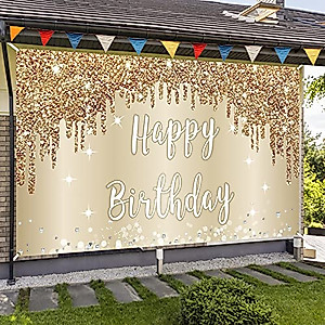 Gold White Happy Birthday Banner Decorations for Women Girls, Gold Glitter Happy Birthday Backdrop Party Supplies, 16th 18th 21st 30th 40th 50th 60th Birthday Background Poster Decor(72.8 x 43.3 Inch)