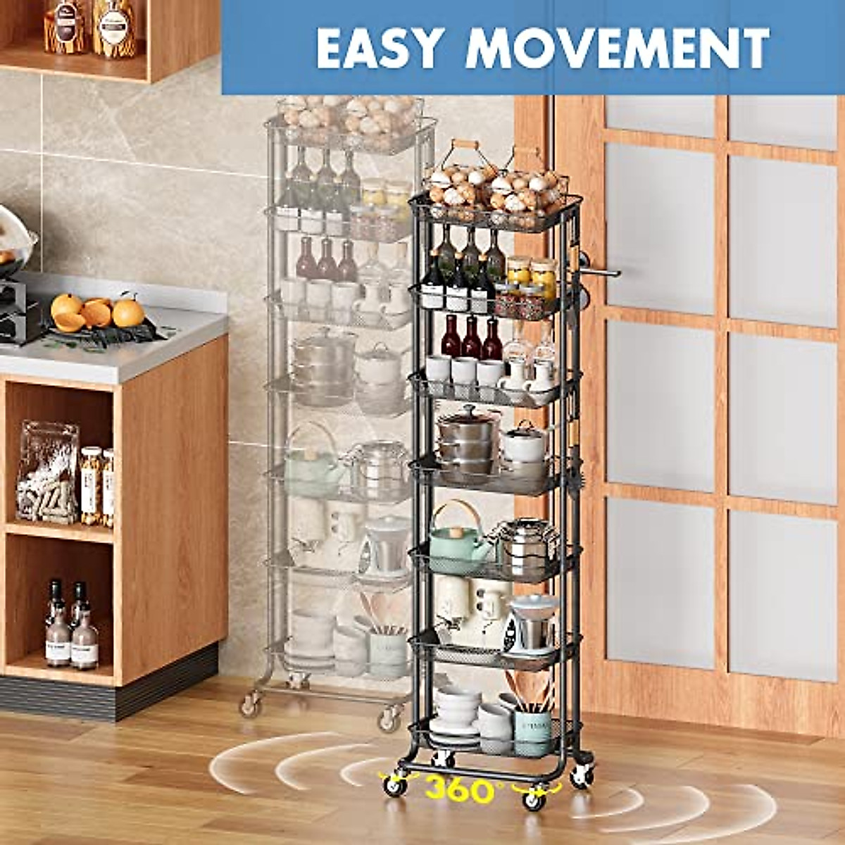 7 Tier Rolling Utility Carts, Mesh Storage Rack with Lockable Wheels, Rolling Storage Cart Kitchen Cart Multifunctional Rolling Shelf for Office, Bathroom, Kitchen, Kids' Room, Classroom (Black)