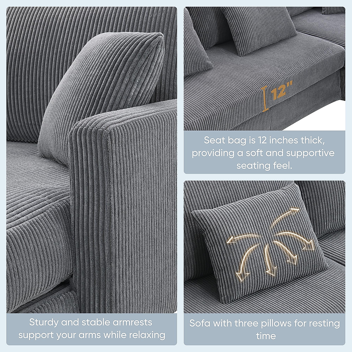 Merax 87" L-Shaped 4-seat Corduroy Sofa with Reversible Chaise, Convertible Sleeper Couch with Pillows, Modern Upholstered Sectional Indoor Furniture for Living Room,Apartment, Gray