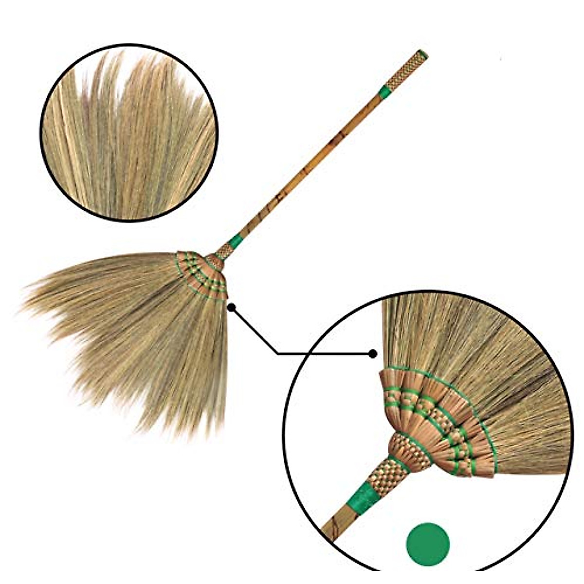 Asian Natural Grass Broom with Bamboo Stick Embroidery Woven Nylon Thread Top of Handle