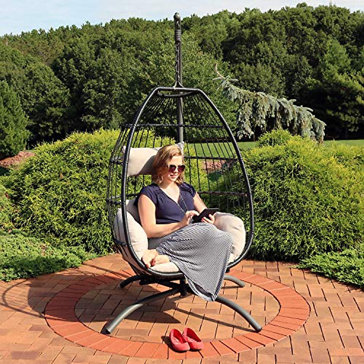 Sunnydaze Oliver Black Resin Wicker Hanging Egg Chair Swing with Gray Cushions and Steel Stand Set - Outdoor Boho Single Lounge Seat for Yard or Patio - Collapsible Nylon Rope Back Design