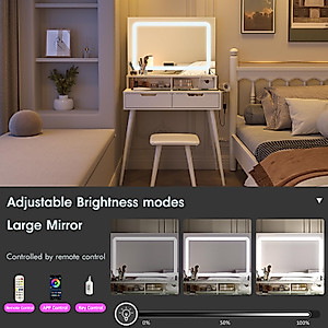 Vabches White Vanity Desk with Led Mirror&Charging Station,Glass Tabletop Vanity Table Set with Stool,Small Makeup Vanity with Drawers for Bedroom