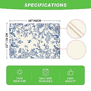 Artoid Mode Hydrangea Flowers Branches Chinoiserie Spring Placemats Set of 4, 12x18 Inch Table Mats for Party Kitchen Dining Decoration