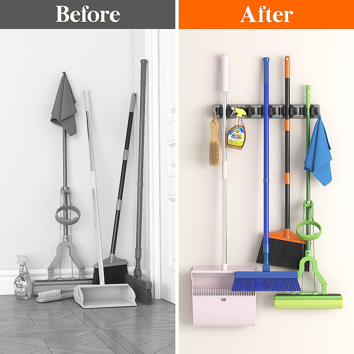 Lifewit Mop and Broom Holder Wall Mount, Anti-Slip Broom Hanger for Kitchen Organization, Heavy Duty Cleaning Supplies Organizer, Easy Install Tool Organizer for Closet, Garage, 5 Slot 6 Hooks, Grey