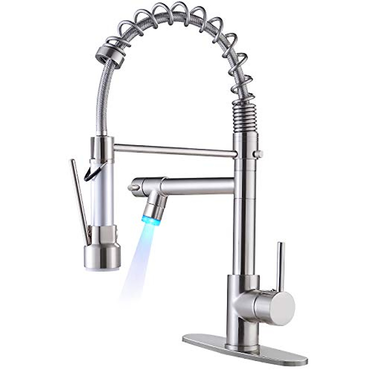 DJS Kitchen Faucet with Pull Down Sprayer, Faucet for Kitchen Sink, High Arch Stainless Steel Single Handle Spring Kitchen Faucets with Deck Plate for 1 or 3 Holes for Sink. DJS-CFLT-2020N-Lock-LED-DP