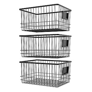 Oceanstar Metal Wire Organizer Bin Basket with Card Holder, Set of 3, Black, WBH1903