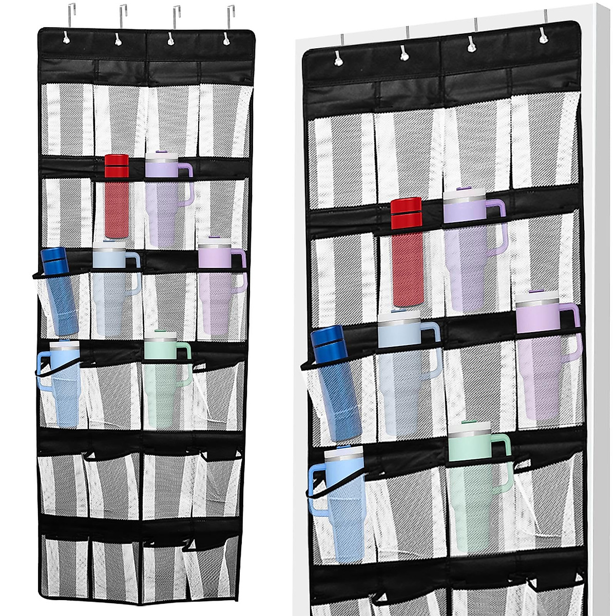 NINEFOX 24 Pockets for Stanley Cup Organizer, Rain Cup Organizer for Stanley Cup, with Hooks, Foldable, for Home, Kitchen, Classroom, 32*27*2.5cm, Black, 22359885