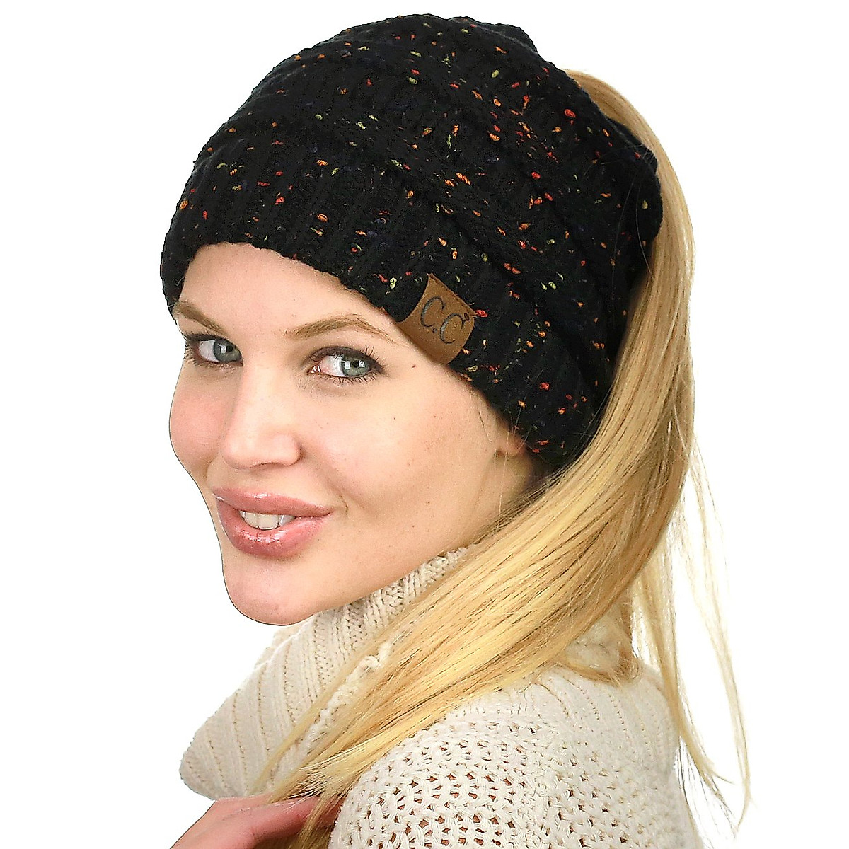 C.C BeanieTail Soft Stretch Cable Knit Messy High Bun Ponytail Beanie Hat, Confetti Black