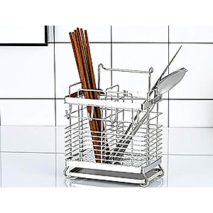 Sturdy 304 Stainless Steel Utensil Drying Rack, Basket Holder with Hooks 2 Compartments Draining Basket, Rust Proof, No Drilling,Kitchen Dish Drainer Dish Drying Rack