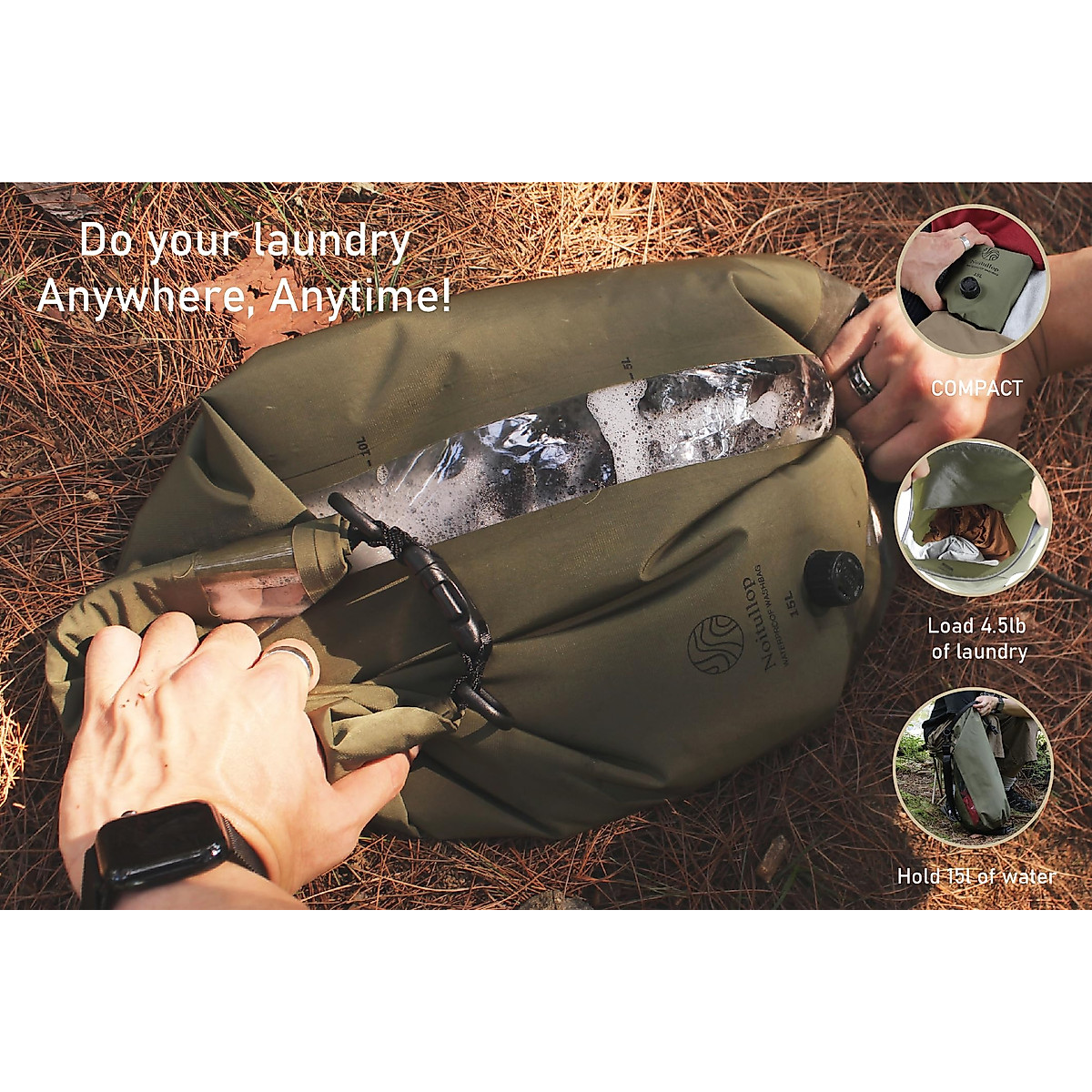 Noitullop Washbag Portable Washing Machine - 15L Fully Waterproof Dry Bag - Lightweight Compact Nylon Washing Machine - Portable Manual Clothes Washer Laundry Bag (Olive)