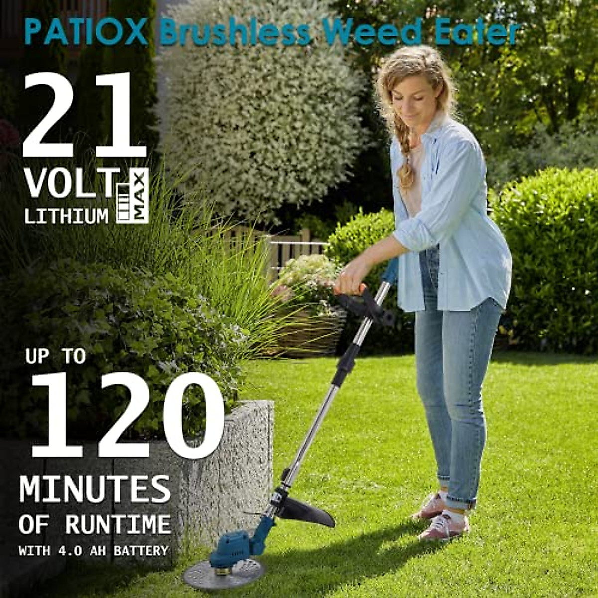 Battery Powered Weed Eater Cordless- Electric Weed Wacker Rechargeable- Two 4.0 Ah Battery Operated Weed Whacker Cordless 21V Grass Edger Trimmer with Blade and Charger- Lawn Yard Garden Brushless-1