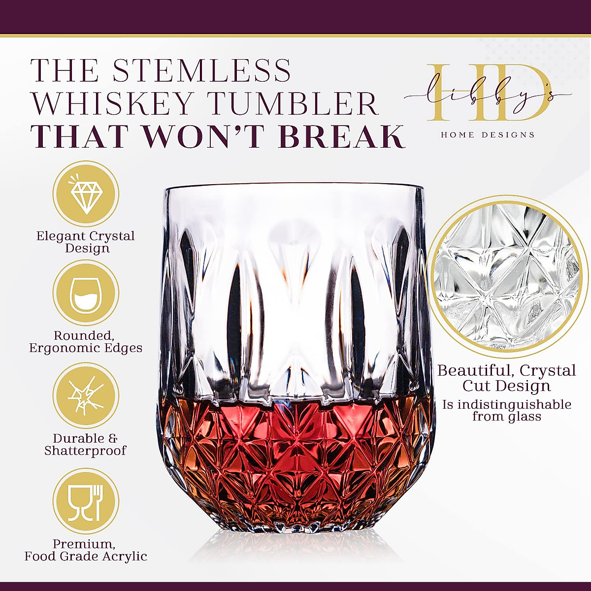 Plastic Stemless Wine Glasses Set of 6 – Indoor, Outdoor Acrylic Wine Glasses - Unbreakable, Shatterproof Plastic Whiskey Glasses for Beaches, Camps & More – Reusable, Non-Toxic Travel Wine Glass