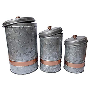 Benjara, Gray Galvanized Metal Lidded Canister with Copper Band, Set of Three, 3 Count