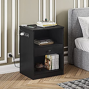 EPHEX Set of 2 Nightstand with Charging Station and Drawer, End Side Table with USB Ports & Power Outlet, Bedside Table Storage Cabinet with 2 Open Drawers for Bedroom, Black
