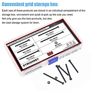 DYWISHKEY 200 Pieces M3 x 30mm/35mm/40mm/45mm/50mm, 12.9 Grade Alloy Steel Hex Socket Head Cap Bolts Screws Nuts Kit with Hex Wrench