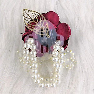 Abbie Home Decent Wrist Corsage for Prom Party Wedding Ball Event Silk Rose Rhinestone Hand Flower Classic Pearl Bracelet (Champagne)