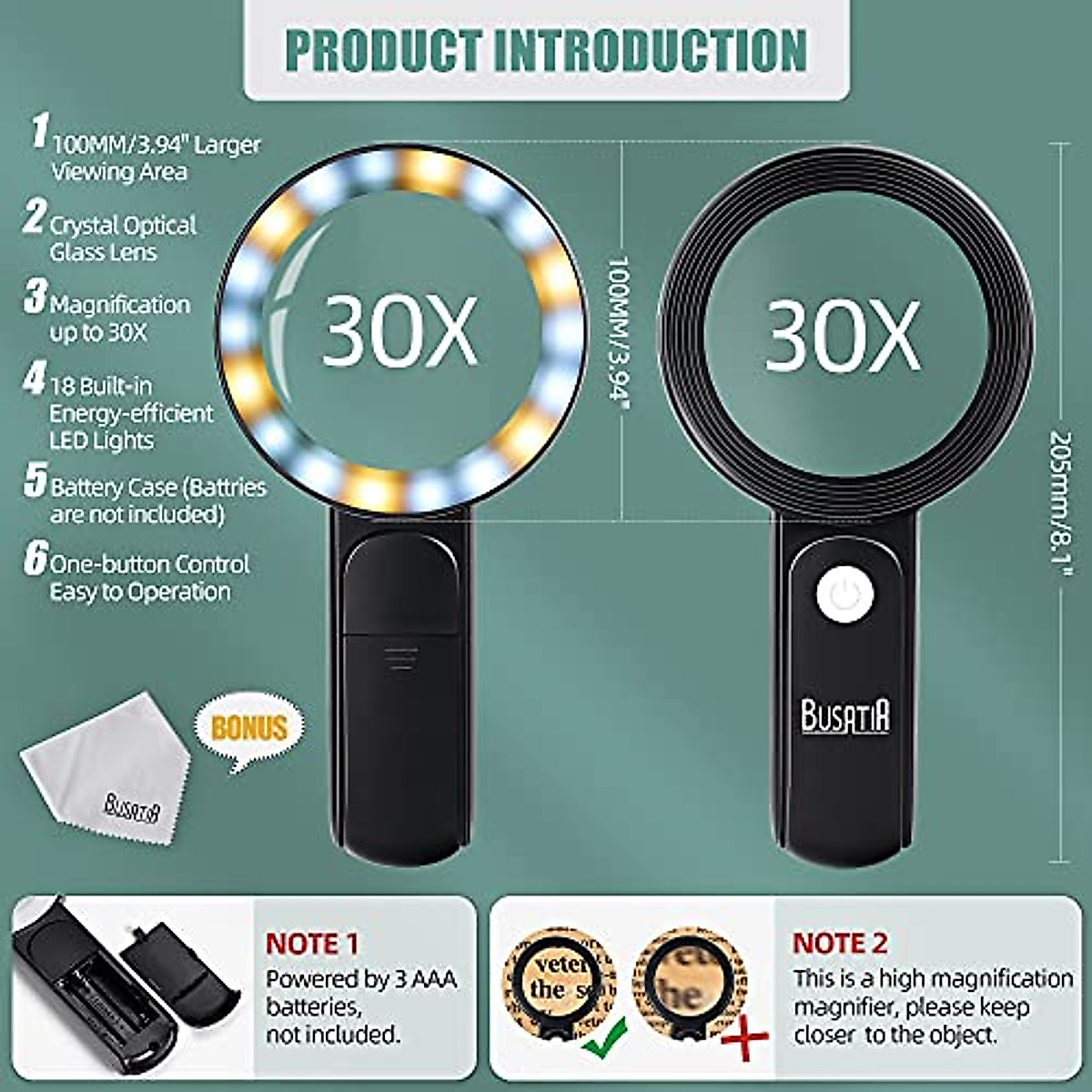 BUSATIA Magnifying Glass 30X, 18LED Handheld Magnifying Glass with Light, 4in Large Glass Magnifier with 3 Modes, Illuminated Magnifying Glass for Reading, Hobbies - with a Lens Cloth(Black)