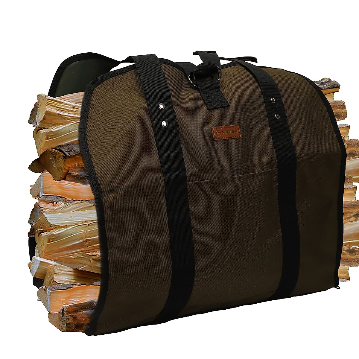 KIM YUAN Free Standing Firewood Log Carrier Tote Outdoor Bag with Double Straps for Camping, BBQ Barbecue or Fireplace(Gloves Included)