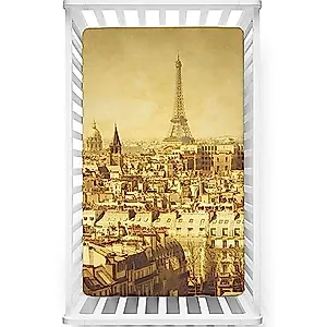 Eiffel Tower Themed Fitted Mini Crib Sheets,Portable Mini Crib Sheets Soft Toddler Mattress Sheet Fitted - Great for Boy or Girl Room or Nursery,24“ x38“,Brown