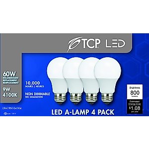 TCP LED 60 Watt Equivalent A19 | 4 Pack | Cool White (4100K) Shatter Resistent | 800 Lumens | 10,000 Hours | Non-Dimmable Light Bulbs