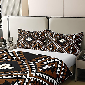 100% Cotton Rustic Western Queen Bedding Set for Men,Southwestern Aztec Comforter Cover Bohemian Duvet Cover Ethnic Mexican Style Geometric Diamond Quilt Cover Brown Black White Farmhouse Room Decor
