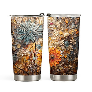 ORCAE 20oz Beautiful Colorful Daisy Flower, Stained Glass Style Flowers, Colorful Dandelion Flower Tumbler Cup, Insulated Travel Mug with Lid, Coffee Thermos for Men, Women, Gifts for Women - E