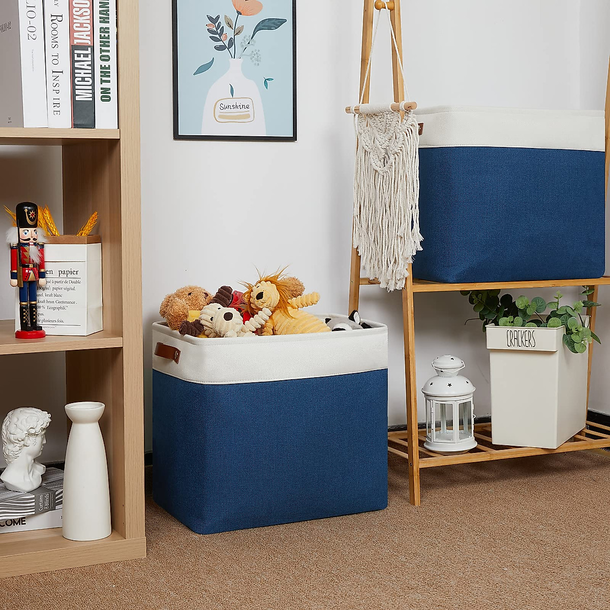 HNZIGE Storage Baskets for Organizing, Set of 2, Foldable Storage Bins Navy Blue Tall Baskets for Shelves, Canvas Collapsible Storage Bins with Handles for Storage Closet Linen(White Blue)