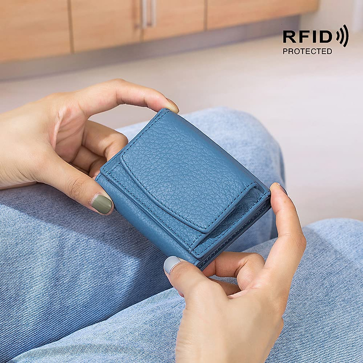 ZUICC 2023 New Vegan Mini Wallet for Women,Unisex Anti-Credit Card Fraud Folding Mini Wallet Trifold Leather Pocket Purse (blue)