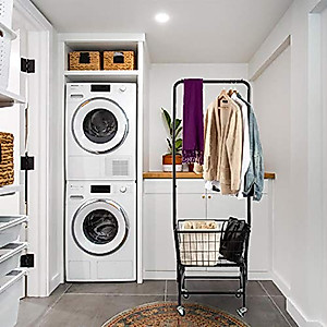 Rolling Laundry Hamper Basket Cart with Wire Storage Rack and Hanging Rack Black