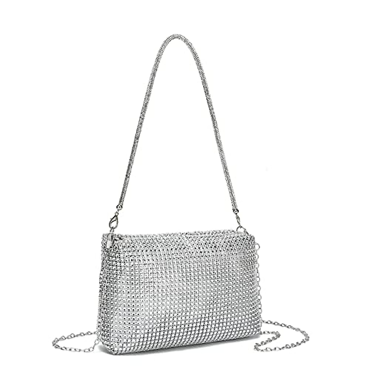 YIKOEE Crystal Rhinestone Clutch Purses for Women Evening Bag with Chain (Silver)