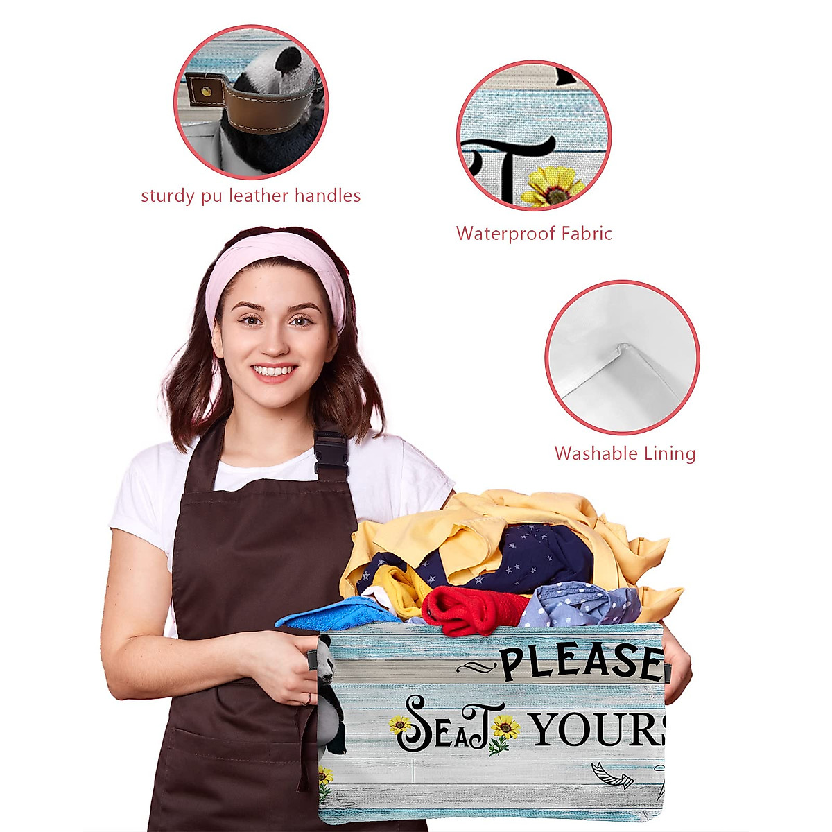 Storage Bins Cubes Waterproof Cloth Storage Basket, Panda Sitting on Toilet Sunflower Foldable Storage Bags for Shelf Closet Clothes Storage Organizers with Handles 15x11x9.5 in Please Seat Rural Wood