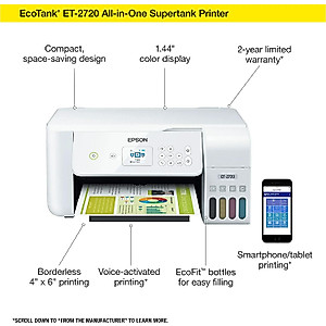 Epson EcoTank ET-2720 All-in-One Wireless Color Inkjet Supertank Printer for Office, White - Print Scan Copy - 5760 x 1440 dpi, Voice Activated, 10.5 ppm, 1.44" LCD, Borderless Print, Ethernet, WiFi
