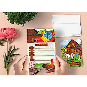 Leigha Marina Farm Animals Party Invitation Cards for Kids, 20 Invites & 20 Envelopes - Fill in the Blank Greeting Notes - Multi-Use, Birthday, Themed Celebration