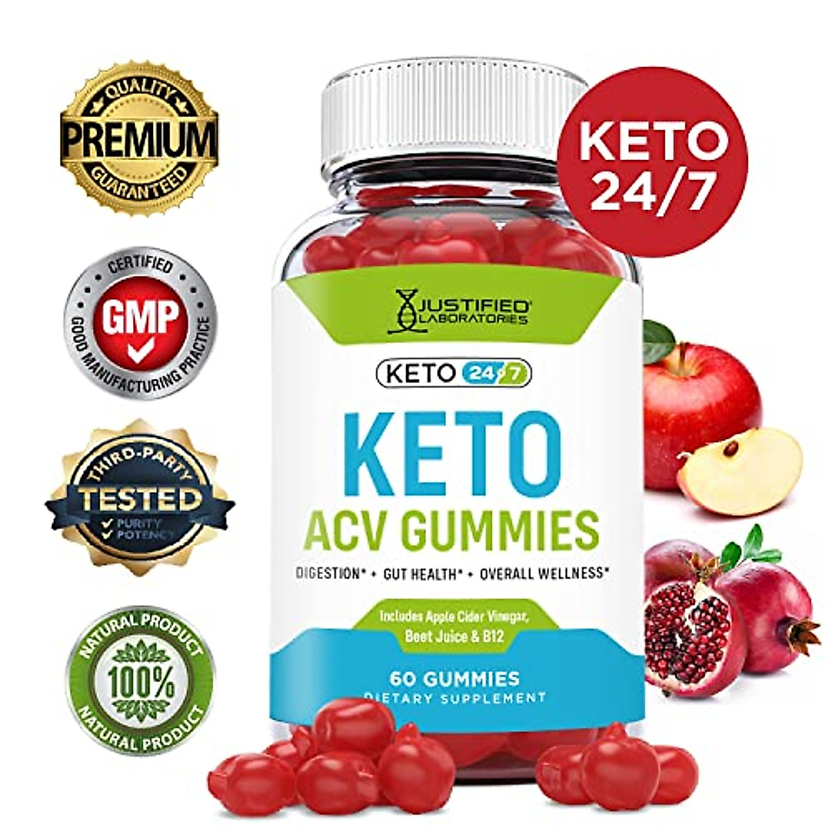 Justified Laboratories (10 Pack) Keto 24/7 Gummies 1000MG ACV with Pomegranate Juice Beet Root B12 600 Gummys