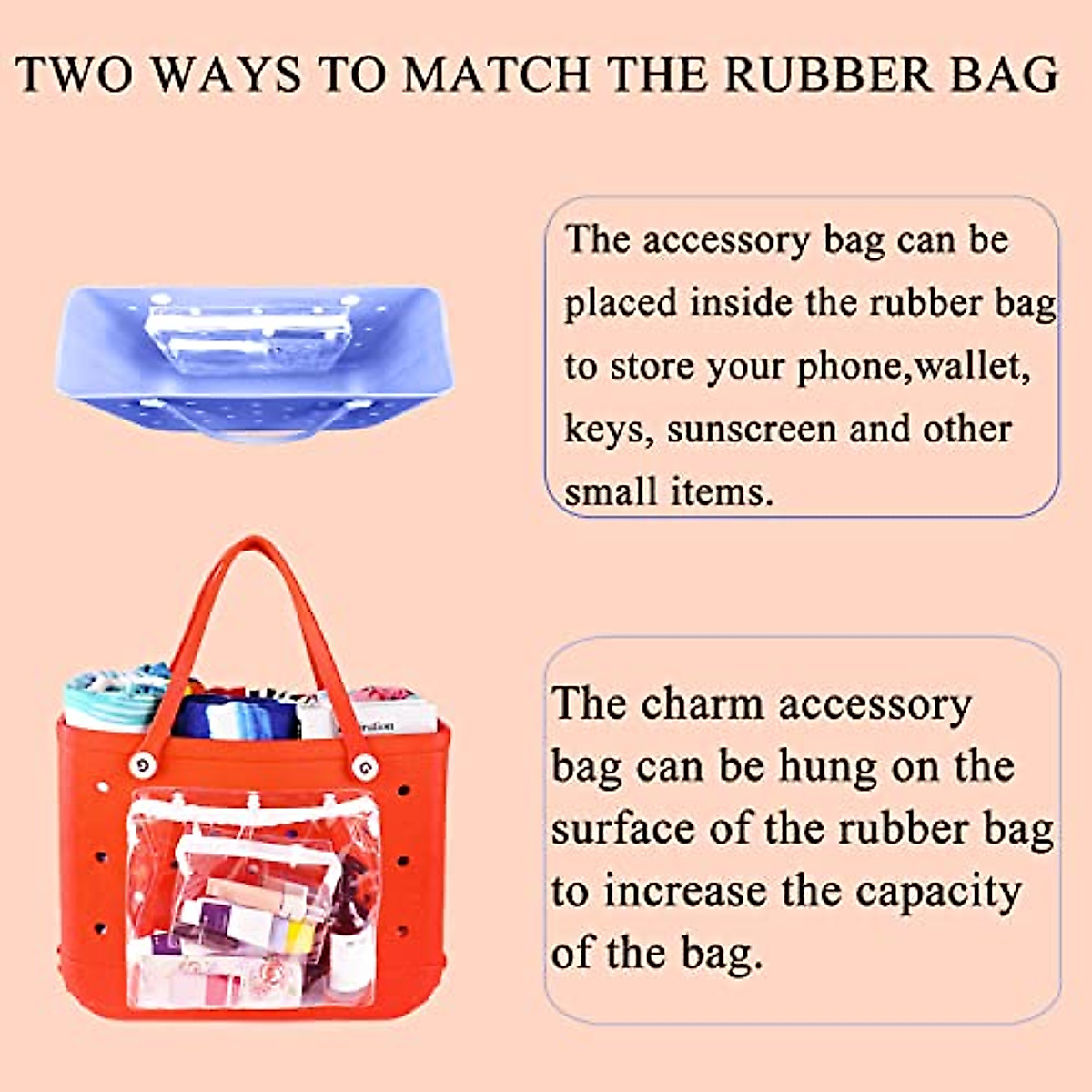 Genovega 3 Packs Clear Inner Bags for Boag Bag Rubber Beach Tote Bag, Hole Insert Bag Organizer Storage, Waterproof Zipper Pouch for Women Cruise Trip Pool Swim Essentials Stuff Travel Vacation Necessities