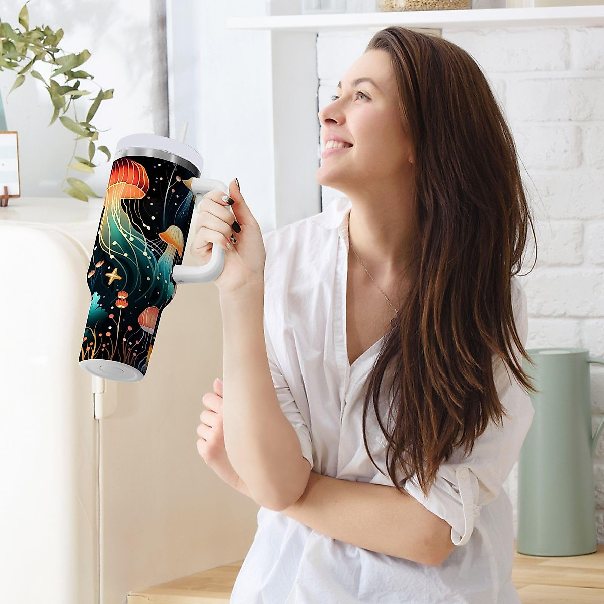 ARGTILDN 40 oz Tumbler Sea Jellyfish Glow Insulated Travel Mug with Handle and Straw Lid Stainless Steel Vacuum Coffee Cup Tea Beverage Container Water Bottles for Car Sports office