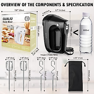 GUALIU Electric Hand Mixer with Stainless Steel Whisk, Dough Hook Attachment and Storage Bag, Handheld Mixer for Baking Cakes, Eggs, Cream Food Mixers. Turbo Boost /5 Speed Kitchen Blender