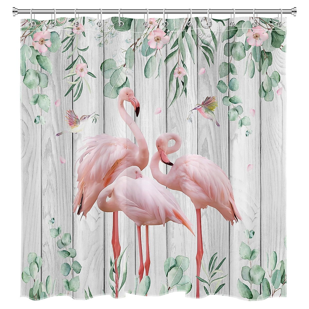 LB Flamingo Plant Shower Curtain Pink Flamingo Floral with Eucalyptus Leaves on Grey Board Shower Curtain Hummingbird Bathroom Decor with Hooks 78Lx72W Inch Waterproof Polyester Bath Curtain