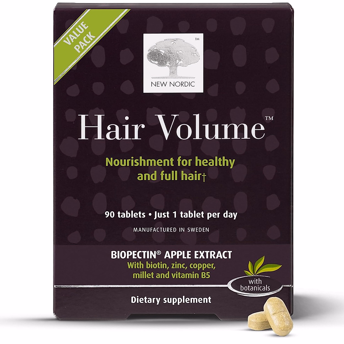 NEW NORDIC Hair Volume Tablets, 3000 mcg Biotin & Biopectin Apple Extract, Hair Vitamins to Support Natural Hair Growth, 90 Count (Pack of 1)