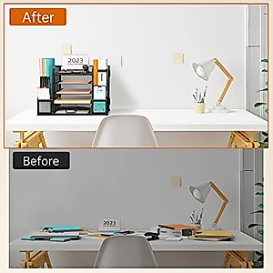 DALTACK Desk Organizer with File Holder, 5-Tier Paper Letter Tray Organizer with Magazine Holder and Drawer, Desk Organizers and Accessories for Office School Supplies, Black, Metal Mesh