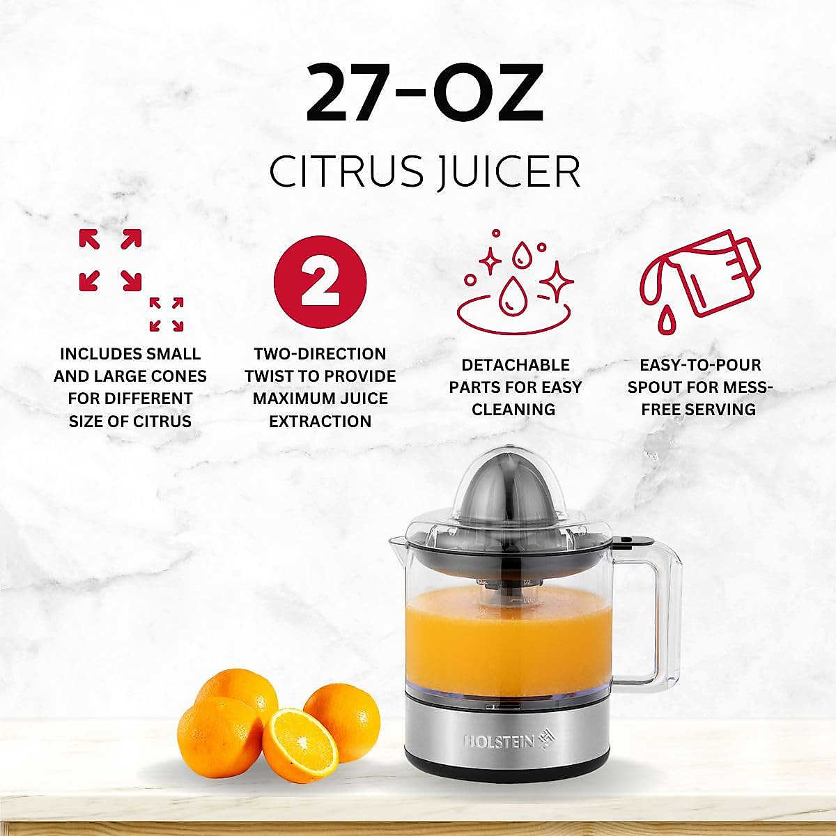 Holstein Housewares 27-oz Electric Citrus Juicer, Black/Stainless Steel - Ideal for Freshly Squeezed Orange, Lemon, Grapefruit Juices for Breakfast or Drinks