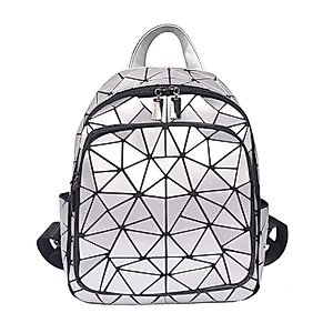 Geometric Luminous Ladies Backpack Wallet Holographic Reflective Backpack Diamond Travel Backpack (Silver)