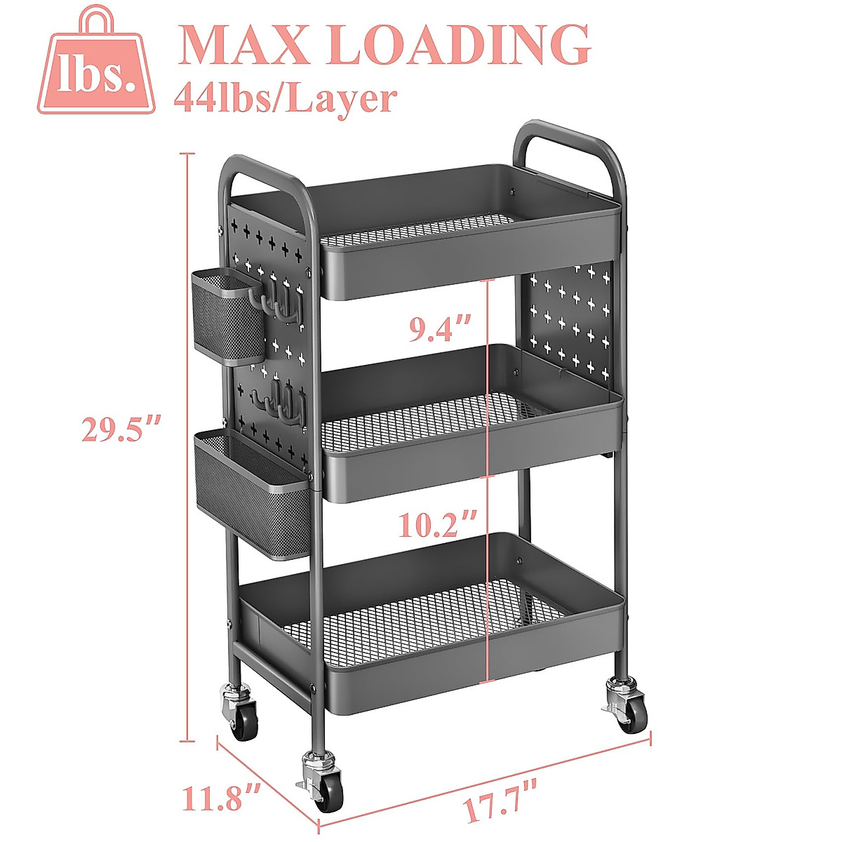 3 Tier Rolling Utility Cart - Metal White Cart Organizer with Wheels, Book Cart with DIY Dual Pegboards, Removable Baskets Hooks